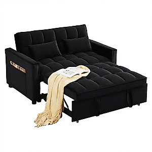 Antetek Convertible Sleeper Sofa Bed, 3 in 1 Velvet Loveseat Futon Sofa Couch with Pullout Bed, Black, 54"