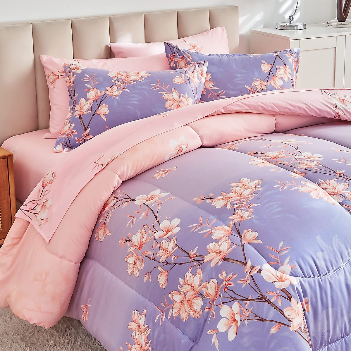 AIKASY Pink and Light Purple Queen Comforter Set with Sheets,Bed in a Bag 7-Pieces,Branches and Flowers Printing Design,Ultra Soft Down Alternative All Season Bedding Set(Queen,Blossom Stem)