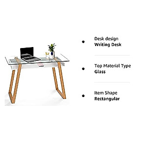 bonVIVO Massimo Small Desk - 43 Inch, Modern Computer Desk for Small Spaces, Living Room, Office and Bedroom - Study Table w/Glass Top and Shelf Space - White