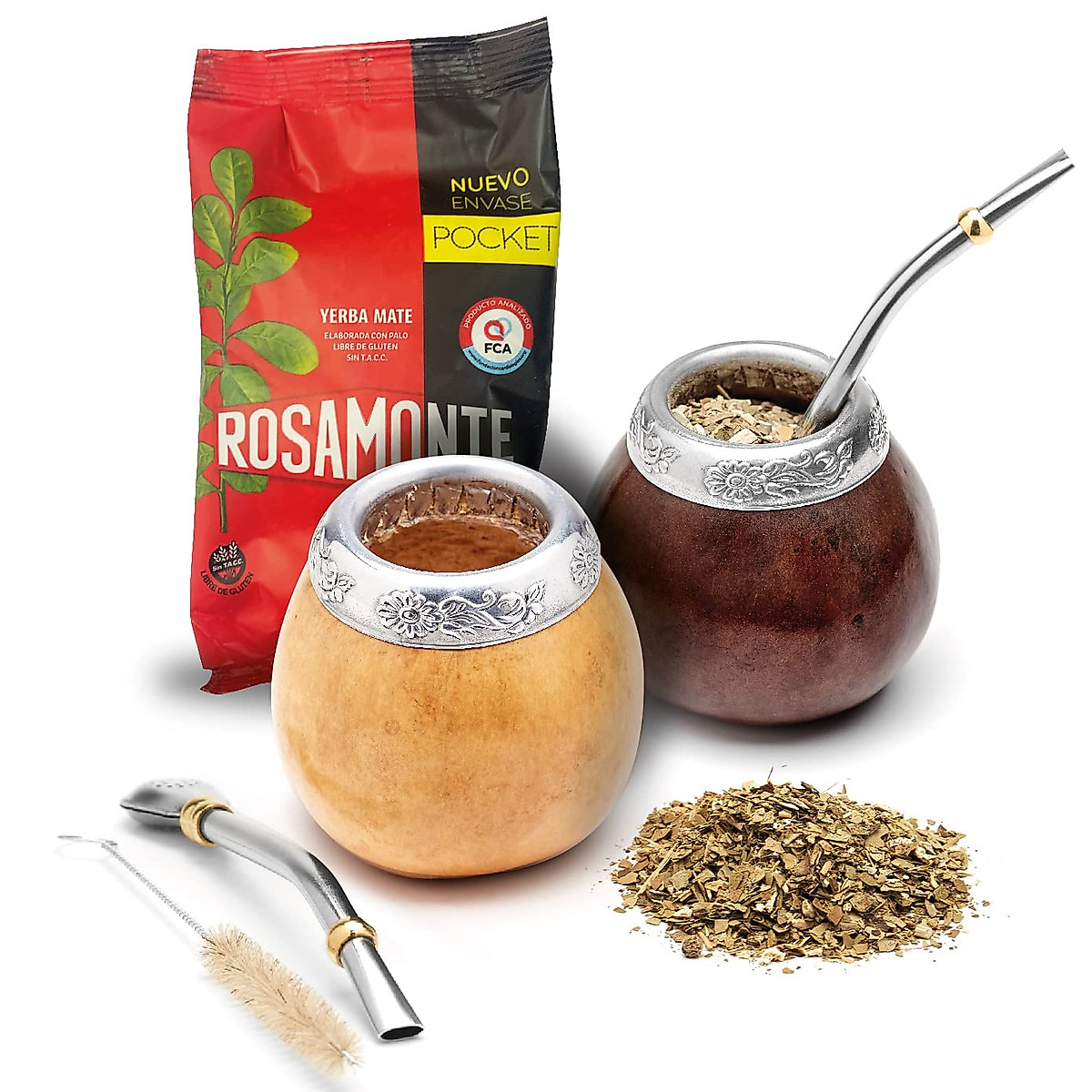 BALIBETOV Set of 2 Yerba Mate Gourd and 1 Pack of 100gr - 3.5OZ of Yerba Mate - Yerba Mate Cup Argentina - 2 Mate Cup, 2 Bombilla, 1 Cleaning Brush, 1 Loose Leaf Yerba Mate bag (DARK BROWN - NATURAL)