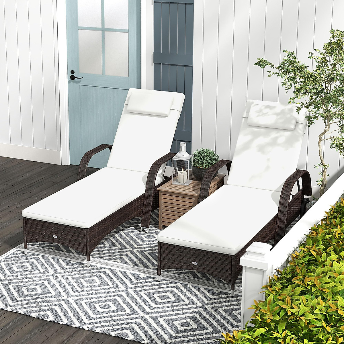 Outsunny Wicker Outdoor Chaise Lounge Set of 2, 5-Level Adjustable Backrest PE Rattan Pool Lounge Chair with Wheels, Cushion & Headrest, Brown and Cream White