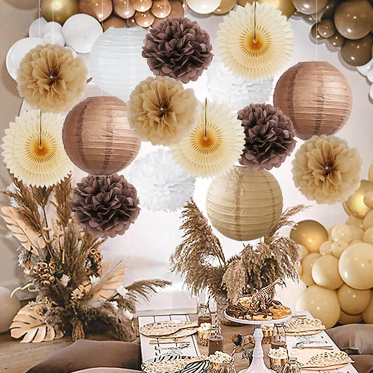 Cream Tan Brown Party Decorations Rustic Paper Fans Lanterns Pom Poms Boho Brown and Beige Neutral Party Decorations for Brown Birthday Decorations Baby Shower Bridal Shower Engagement Wedding
