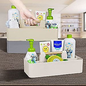 Baby Shower Caddy Plastic Nursery Portable Storage Organizer Caddy Tote for Child/Kids, Divided Basket Bin with Wood Handle for Bathroom, Dorm Room, Holds Hand Soap, Bottles, Spoons (Beige)