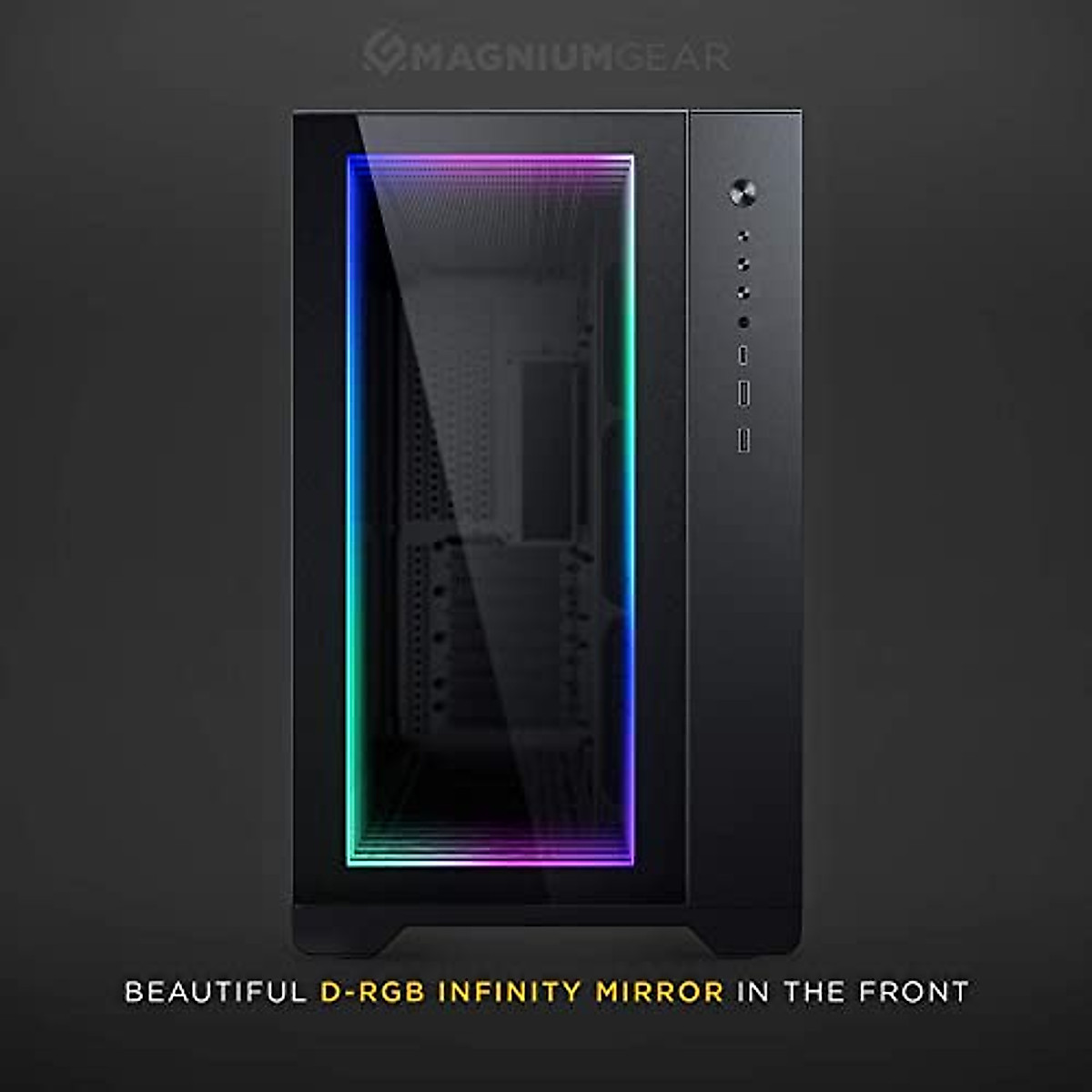 MagniumGear (MG-NE620QI_DBK02) NEO Qube 2 IM, Dual Chamber ATX Mid-Tower, Digital-RGB Infinity Mirror Front Panel, Front I/O USB Type C, Tempered Glass Panels, Black