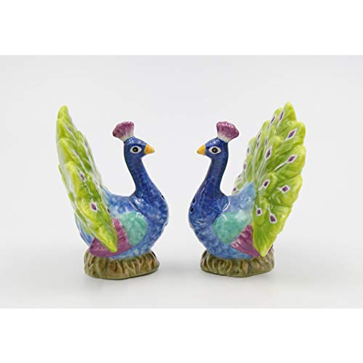 Fine Porcelain Peacock Open Fan Tail Salt & Pepper Shakers Set, 3-1/8" H