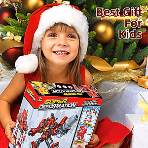 Fire Truck Toy for Boys Take Apart Robot Toys 5 in 1 Transform Robot Car Set, Firetruck Construction Vehicles Sets Building Robot Toys Kits with Drill Light and Music Gift for Boys Girls Ages 3-8