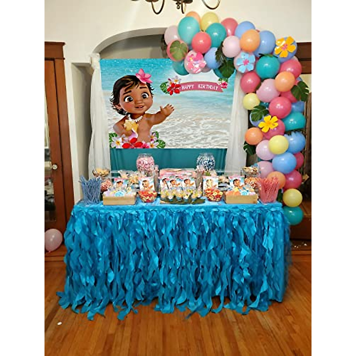 Moana Happy Birthday Backdrop Summer Beach Birthday Party Photography Background for Girl Baby Shower Kids Children Cake Table Decoration Supplies Banner 7x5FT