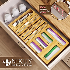 NIKUY 9 IN 1 Bamboo Foil and Plastic Wrap Organizer for Kitchen Drawer, Plastic Bag Organizer Organization and Storage, Food Storage Bag Organizer with Labels for Quart Gallon Snack Sandwich Bag