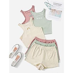 Verdusa Women's 3 Sets Lounge Set Nightwear Graphic Crop Tank Top & Shorts Pink Green Apricot L