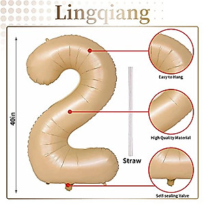 40" Neutral Number 2 Balloon for Boys Girls, Large Self Inflating Nude Helium Foil Number Balloons Set 0-9 for Women Men 2nd Birthday Graduation Anniversary Wedding Party Decorations Supplies