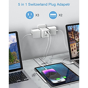 TESSAN Switzerland Plug Adapter, Swiss Travel Power Adaptor with 3 Outlets 2 USB Ports, Plug Converter for US to Switzerland, Liechtenstein, Rwanda, Type J