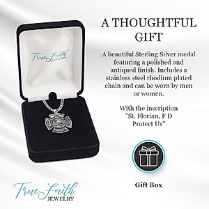 TrueFaithJewelry Sterling Silver Fire-Fighter Shield Medal Cross Pendant Necklace, 1 Inch