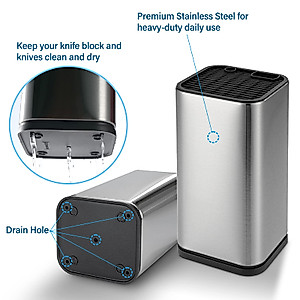 Sumteene Universal Knife Block, Knife Holder without Knives, Stainless Steel Knife Storage Block for 3.5" to 8" Knives, with Slots for Scissors and Sharpening Rod,for Kitchen Counter