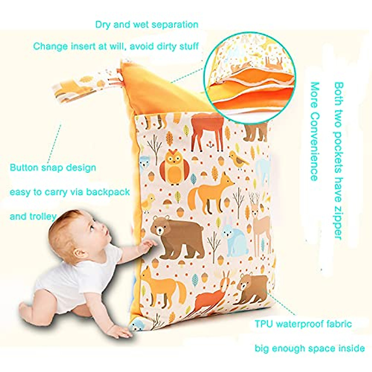 BabyG 2pcs Waterproof Wet and Dry Bag with Two Zippered Pockets, Washable, Reusable for Travel,Hiking, Beach, Pool, Stroller, Diapers, Wet Swimsuits, Toiletries (Orange), 11.8x15.8 Inch (BG2017)