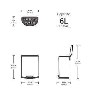 QUALIAZERO 50L/13Gal & 6L 1.6Gal, Heavy Duty Hands-Free Black Stainless Steel Commercial/Kitchen Step Trash Can, Fingerprint-Resistant Soft Close Lid Trashcan, D Shape (50&6L D Combo BSS)