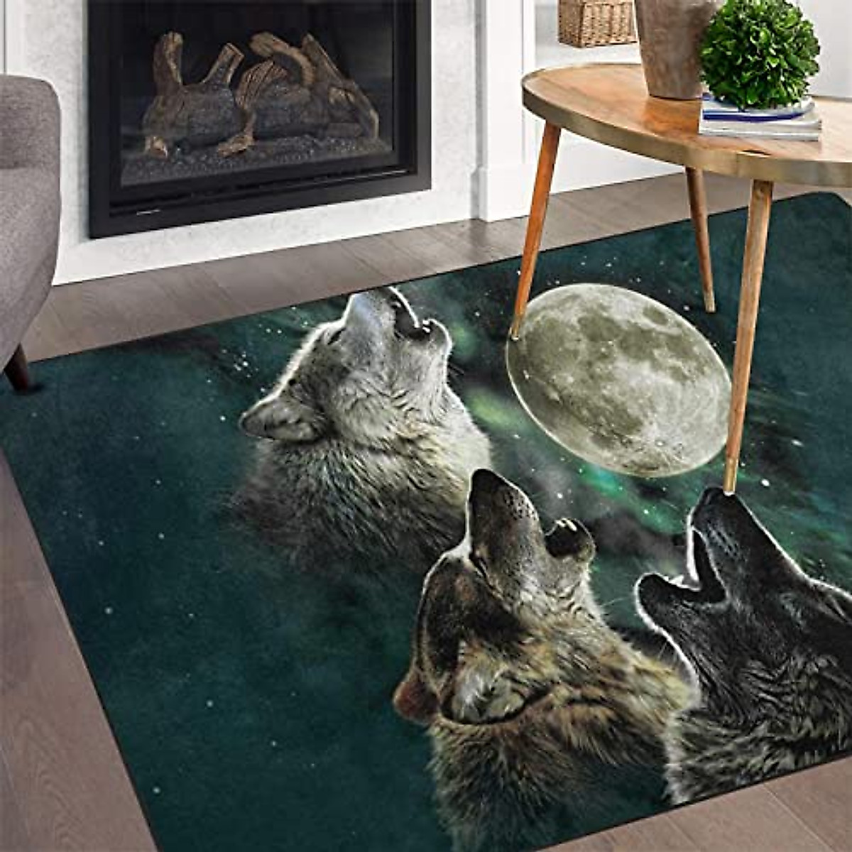 Animal Area Rug 3x5ft/36x60in/90x150cm,Wolf Howling to The Full Moon Polyester Yoga Mat for Living Dining Dorm Room Bedroom Home Carpet Decor