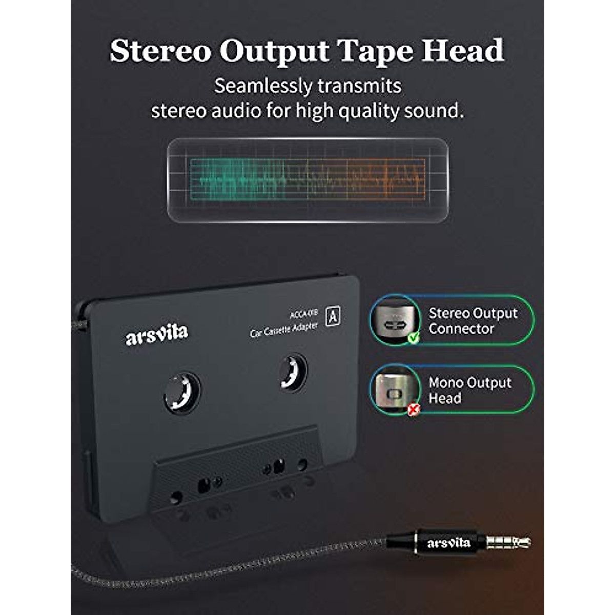 arsvita Car Audio Cassette to Aux Adapter with Upgrade 3.5 MM Aux Plug, Auxiliary Nylon Cable Tape Adapter, Black