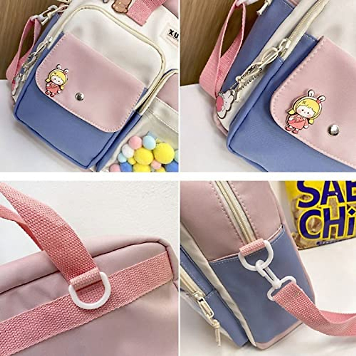 Kawaii harajuku backpack crossbody bag with 3 pins bubbles teenage daypack gift for birthday Christmas (purple)