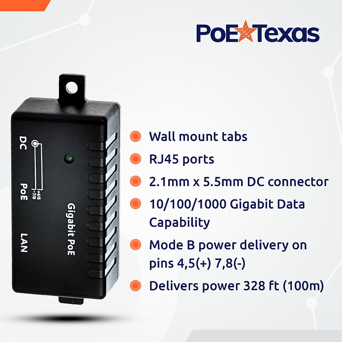 Poe Texas PoE+ Injector - Single Port Power Over Ethernet Passive PoE Adapter - 10/100/1000 Gigabit Data - Includes 48V 30W Power Supply - Wall Mounting Plug & Play for Home Office, VoIP Phone WiFi AP