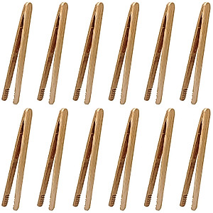 12 Pcs Bamboo Tongs 7 Inch Bamboo Toast Tongs for Serving Pickle Muffin, Cheese Fruits Salad, Toast & Bread
