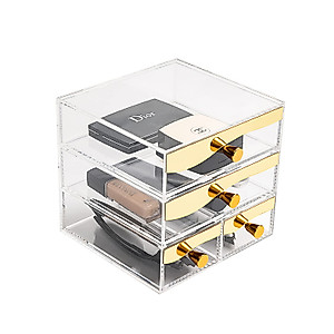 Gold Mirror 4-Drawer Desk Organizer, Makeup Organizer, Acrylic Storage Drawers, Light Weight with a Chic Blend of Clear and Gold Clear and Gold for Home, School, Office