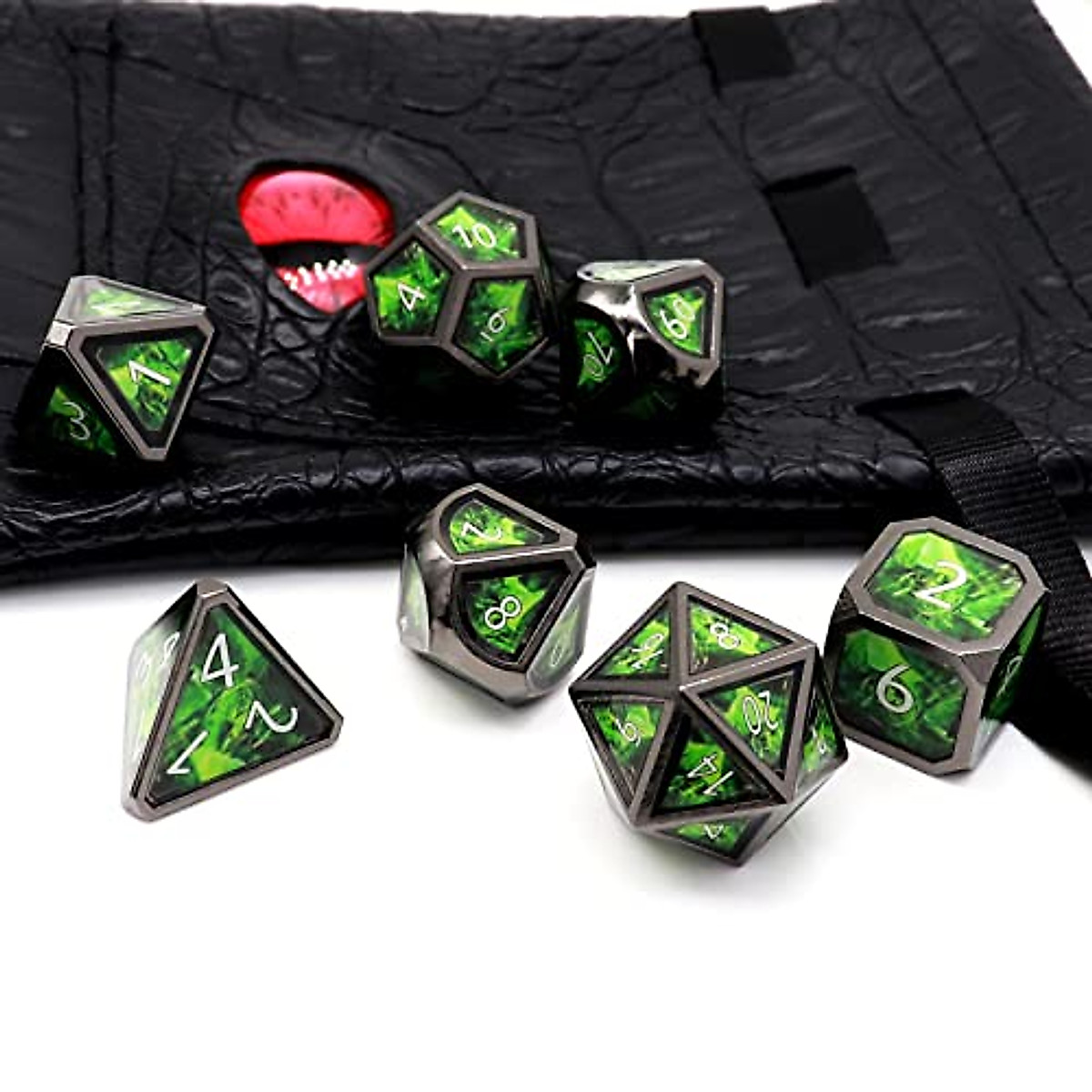 Haxtec Metal Dice Set D&D Acid Splash Real Scene Black Green Polyhedral DND Dice W/PU Leather Dragon Eye Dice Bag for TTRPG Dungeons and Dragons Gifts