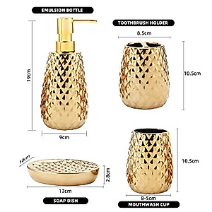 Ceramic Bathroom Accessories Set 4 Piece Contain Toothbrush Holder, Tumbler, Soap Dispenser, Soap Dish, Accessories para baño for Restroom Apartment Bathroom Decor Stuff and Gift Set （Gold）