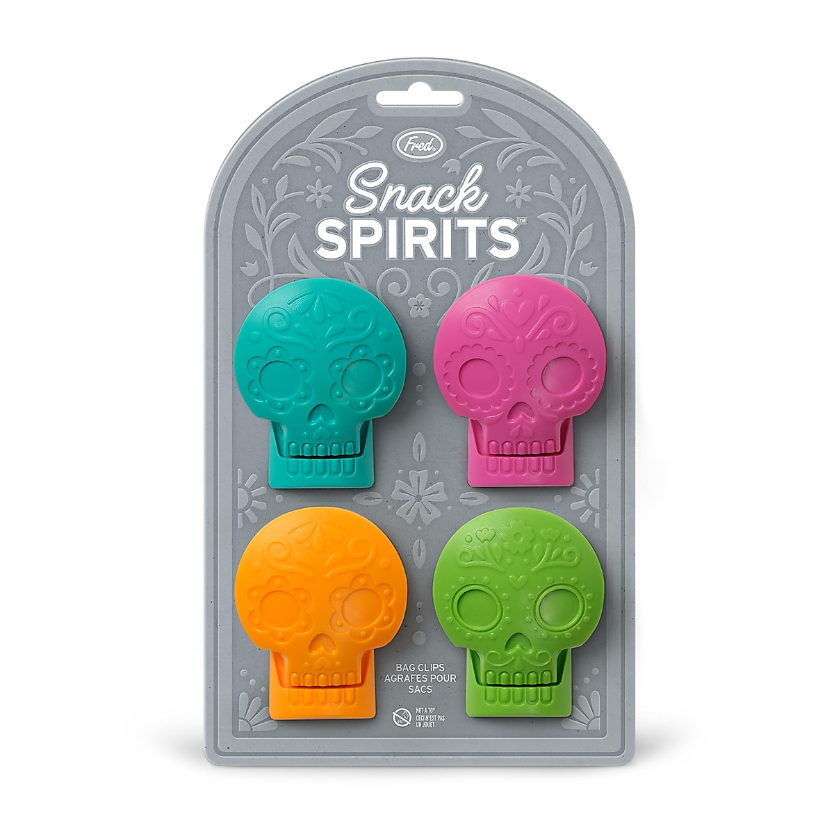 Genuine Fred SNACK SPIRITS Bag Clips, Set of 4, Molded Day of the Dead skull design, Dio de los Muertos, Colorful Calaveras, Bag Clips for food storage