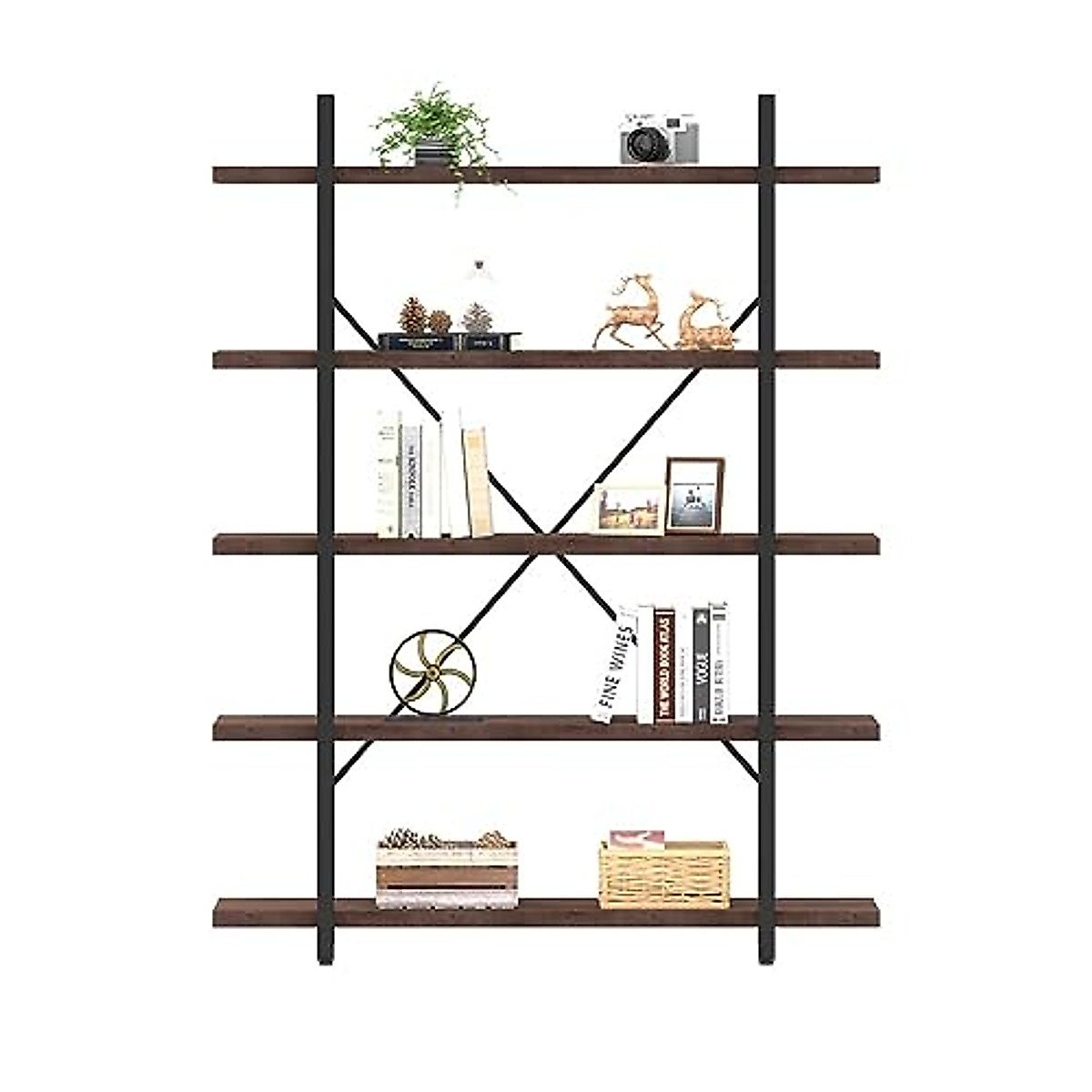IBF 5 Tier Solid Wood Bookshelf, Industrial Natural Real Wood Metal Tall Bookcase, Modern Rustic Large Open Book Shelf Storage, Farmhouse Wide Etagere Bookcase for Office Living Bedroom, Rustic Gray