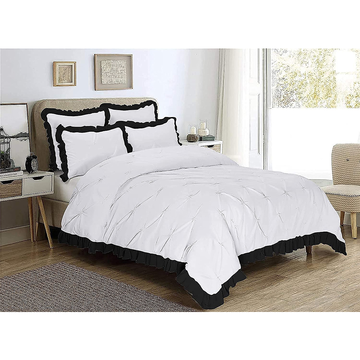 Decorative 5PC Two Tone Pinch Pleated Corner Ruffle Frilled Duvet Cover Set with Zipper, 100% Egyptian Cotton, 400 Thread Count - White/Black Solid, Oversize Queen Size.