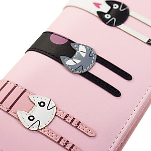 Valentoria® Birthday Gifts for Women's Mini Faux Leather Bifold 3 Cat Design Clutch Wallet(Long Pink)