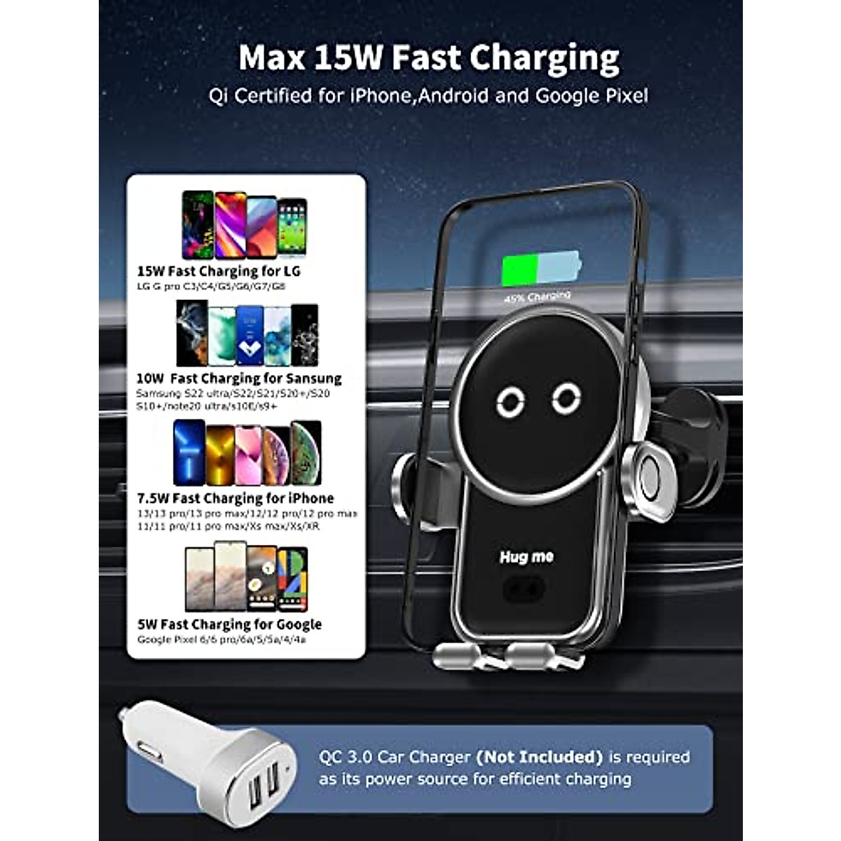 BENBOAR Car Wireless Charger Holder, [Hug me] Astronaut Car Phone Holder Mount, 15W Charging Smart Sensor Auto-Clamping Phone Mount for Car Air Vent for iPhone Samsung Google LG etc Smartphone, Silver