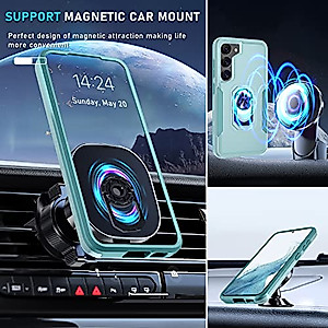 Janmitta Samsung Galaxy S23 Case with Screen Protector+Camera Lens Protector,Heavy Duty Shockproof Full Body Phone Cover Built in Rotatable Magnetic Ring Holder Kickstand,2023 Mint Green