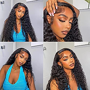 Ibntohat 13x6 HD Transparent Deep Wave Lace Front Wigs Human Hair Wigs for Women Glueless Brazilian Virgin Lace Frontal Wigs Human Hair Pre Plucked With Baby Hair Natural Color (20 Inch)