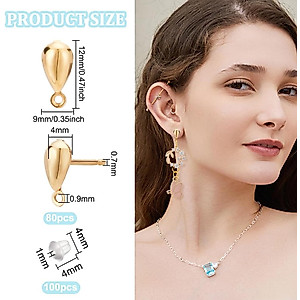BENECREAT 80pcs 18K Gold Plated Brass Teardrop Earring Studs with 100pcs Plastic Ear Nuts for DIY Jewelry Making, Gold