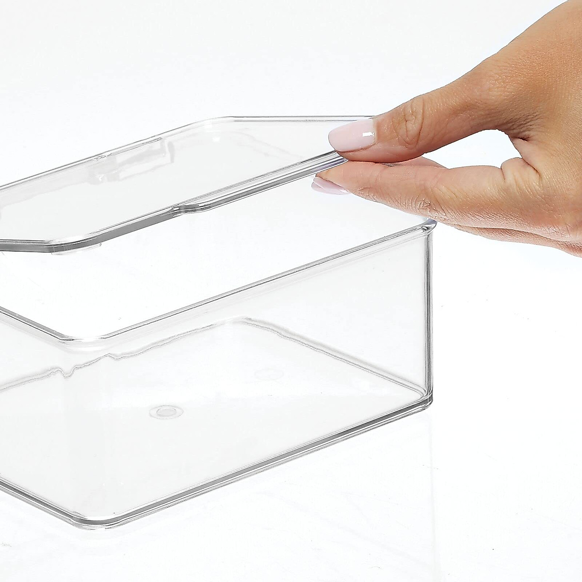 mDesign Plastic Cosmetic Storage Organizer Box Containers, Hinged Lid for Bedroom, Bathroom Vanity Shelf or Cabinet, Holds Masks, Palettes, Nail Polish, Lumiere Collection, 4 Pack - Clear