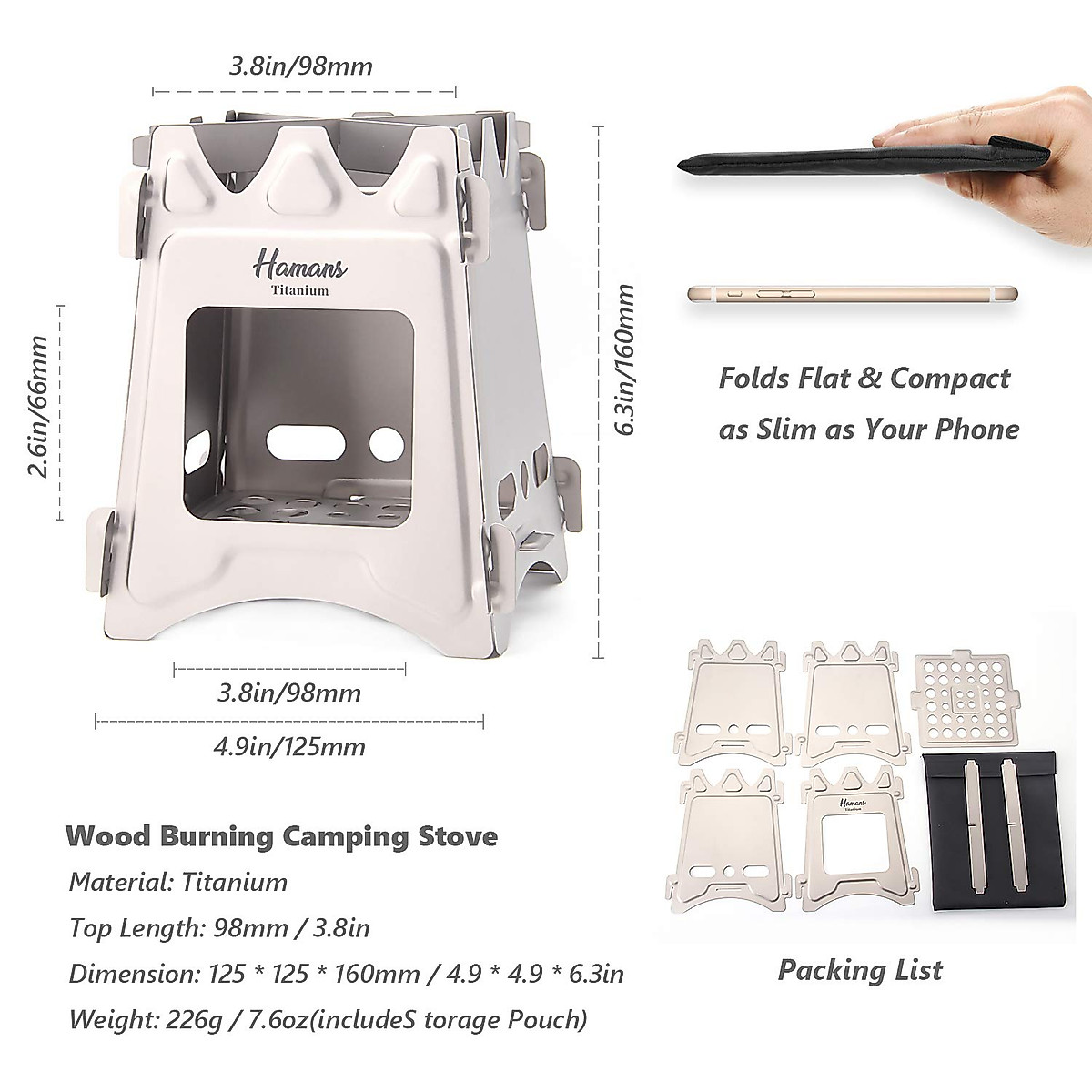 Hamans Titanium Wood Burning Stove, Camping Stove, Foldable Titanium Portable Backpacking Stove for Outdoor Camping Picnic BBQ
