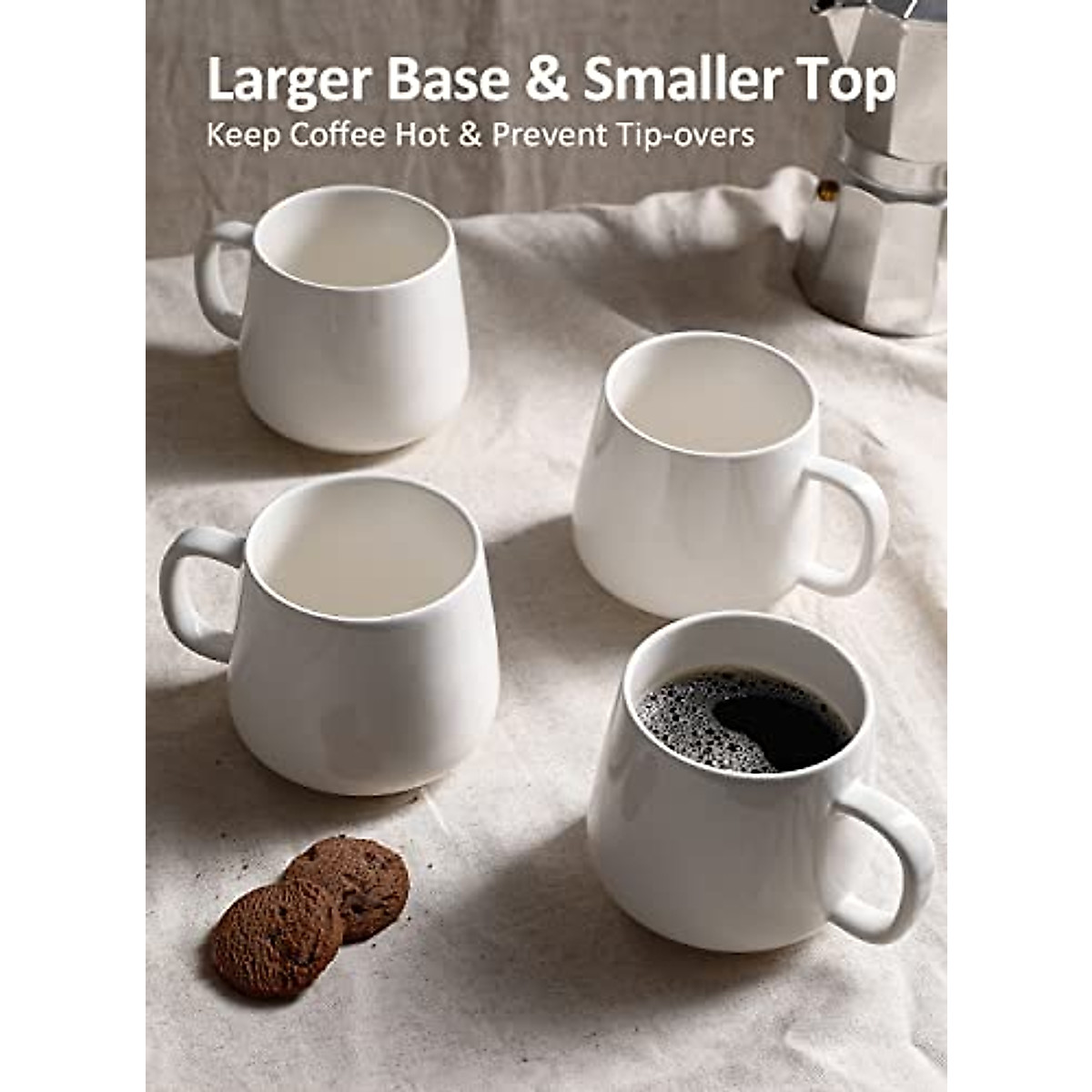 Porcelain Coffee Mugs Set of 4-12 Ounce Cups with Handle for Hot or Cold Drinks like Cocoa, Milk, Tea or Water - Smooth Ceramic with Modern Design, White