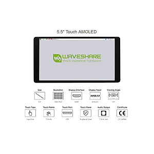 waveshare 5.5inch Capacitive Touch AMOLED Display Compatible with Raspberry Pi 4B/3B+/3A+/2B/B+/A+/Zero/Zero W/WH/Zero 2W CM3+/4 1080×1920 Resolution HDMI Supports Jetson Nano/Windows
