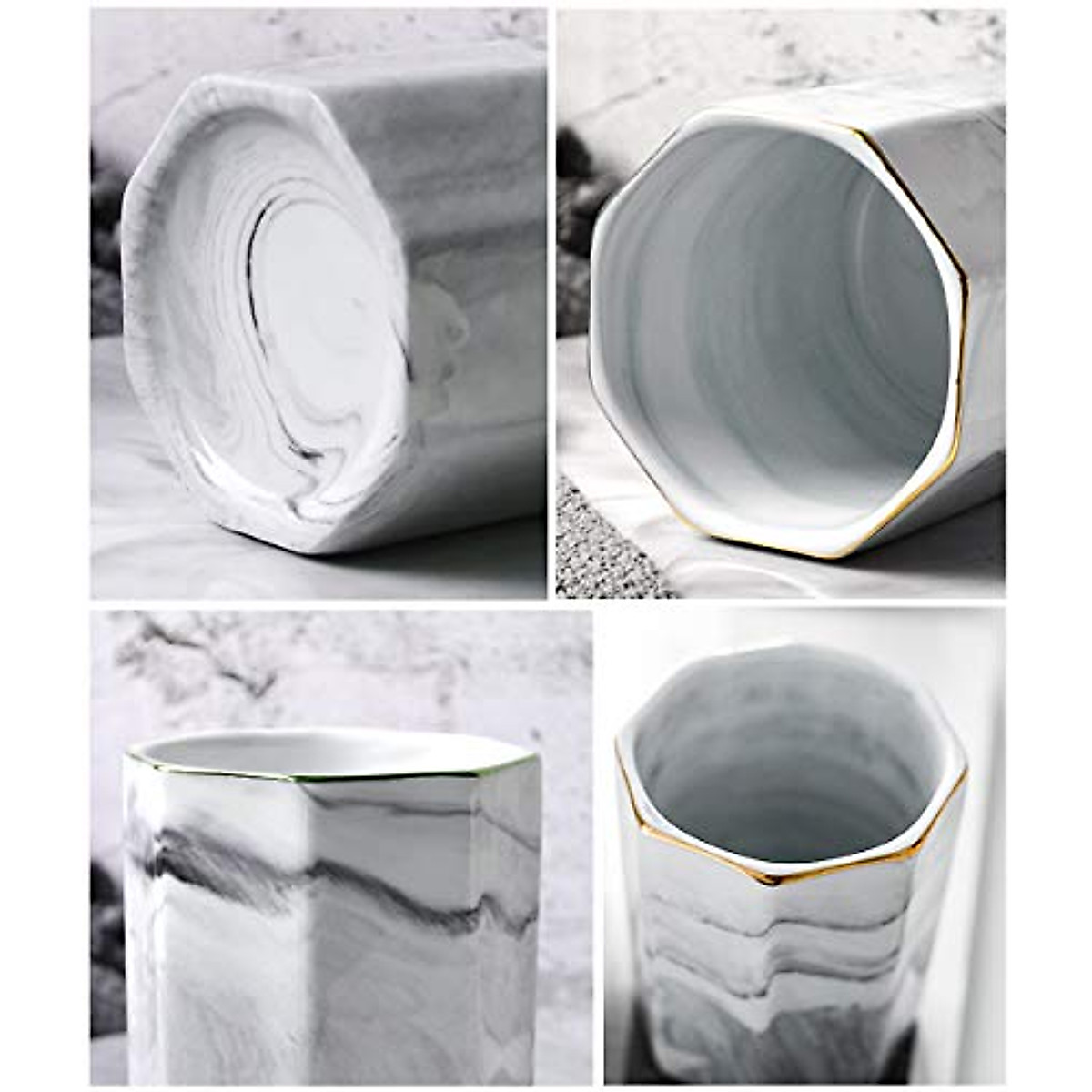 WAVEYU Pen Holder, Stand for Desk Marble Pattern Pencil Cup for Girls Kids Durable Ceramic Desk Organizer Makeup Brush Holder for Office, Classroom, Home, Gray Marble