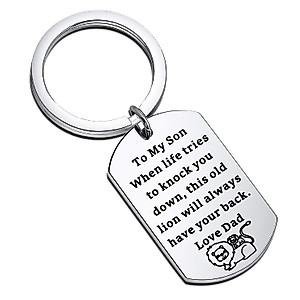 BEKECH Inspirational Keychain Gifts to My Son This Old Lion Will Always Have Your Back Dog Tag Keychain Son Gifts from Dad for Graduation Birthday (silver)