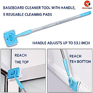 Baseboard Cleaner Tool with Handle 5 Reusable Cleaning Pads by No-Bending Mop Baseboard Cleaner Tool Long Handle Adjustable Baseboard Molding Tool for Bathroom Microfiber Cleaning