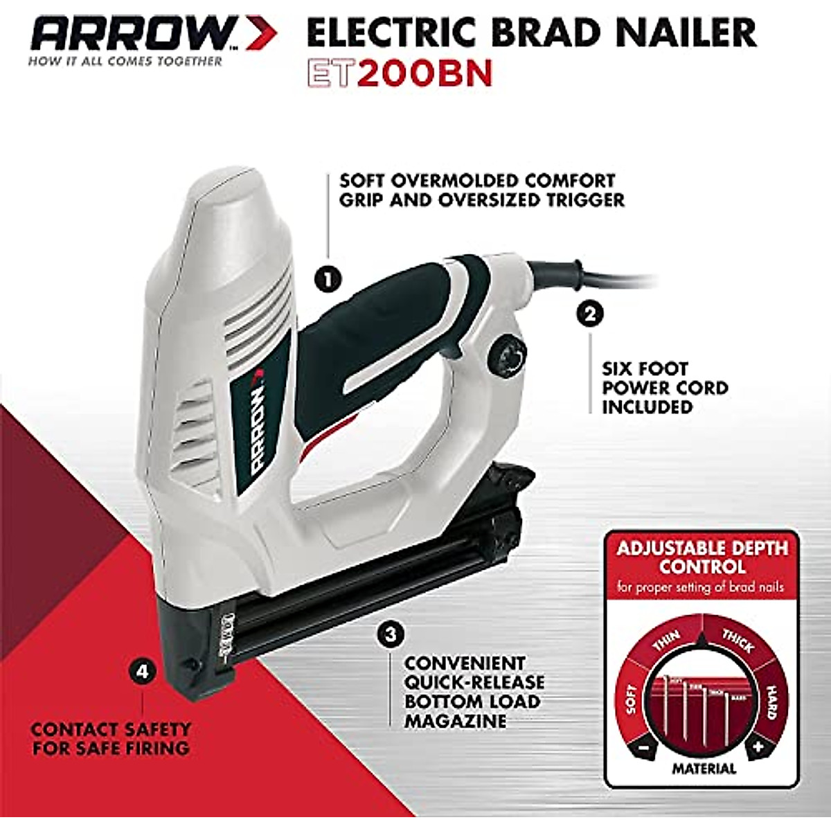Arrow ET200BN Heavy Duty Electric Brad Nailer, Professional Nail Gun for Trim, Picture Frames, Crafts, Fencing, Uses Brad Nails in 5/8-Inch, 3/4-Inch, 1-Inch, and 1-1/4-Inch