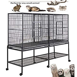 54" Large Double 3-Levels Small Animals Critters Wrought Iron Cage Center Slide Out Divider Tight 1/2-inch Bar Spacing Removable Rolling Stand Ferret Chinchilla Rat Mouse Hamster Sugar Glider