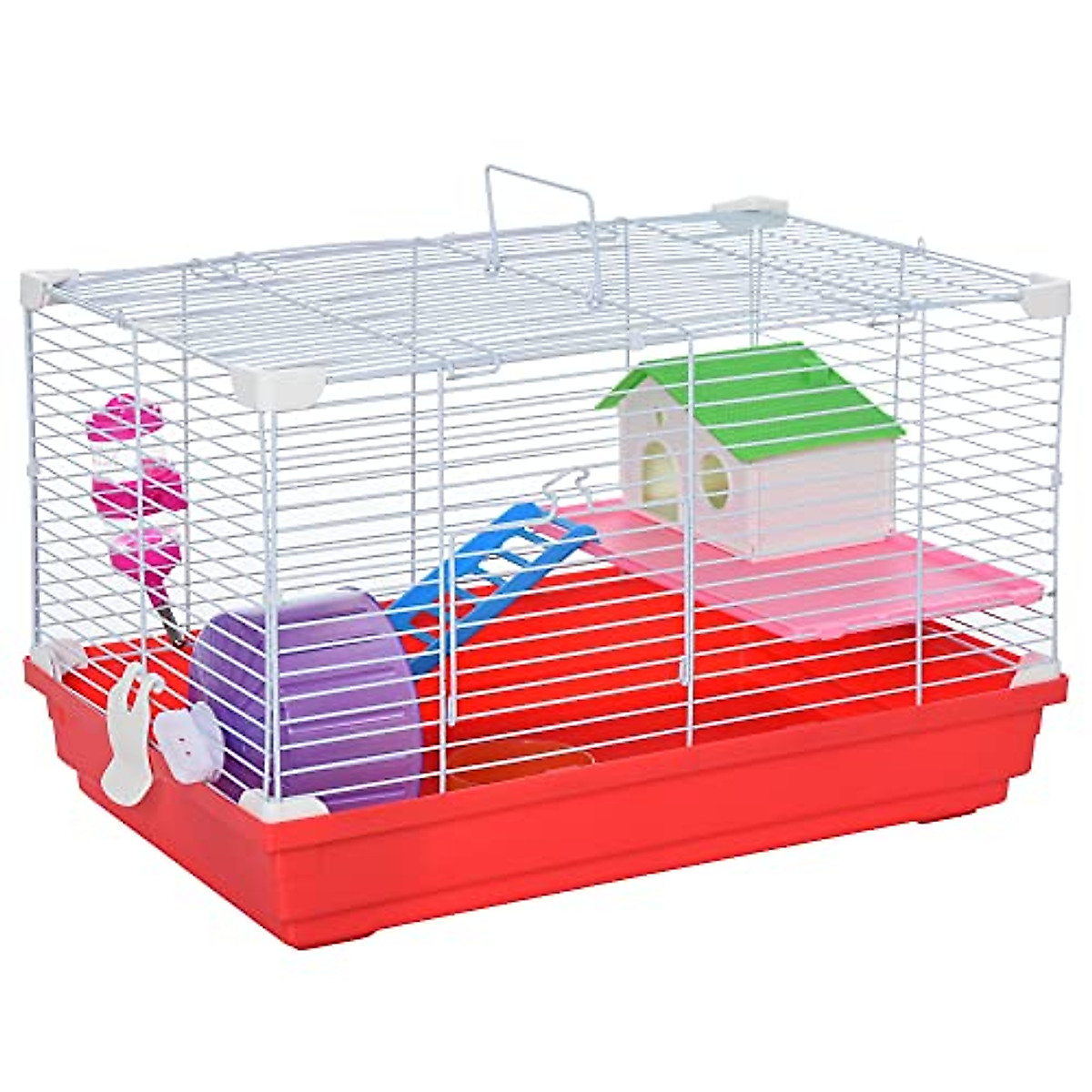 PawHut 18.5" Hamster Cage with Exercise Wheel and Water Bottle, Dish, Rat House and Habitat 2-Story Design, Red
