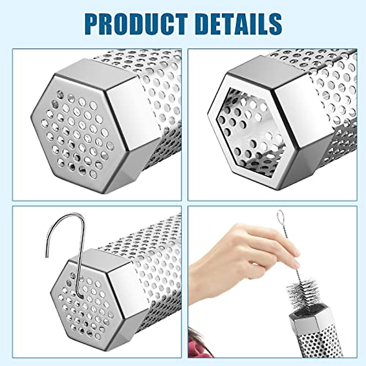 4 Pcs Pellet Smoker Tube 12 Inch Stainless Steel BBQ Wood Pellet Tube for Smoking with Cleaning Brush and 8 S Shape Hooks for Hours of Billowing Cold Hot Smoking for All Grills or Smokers