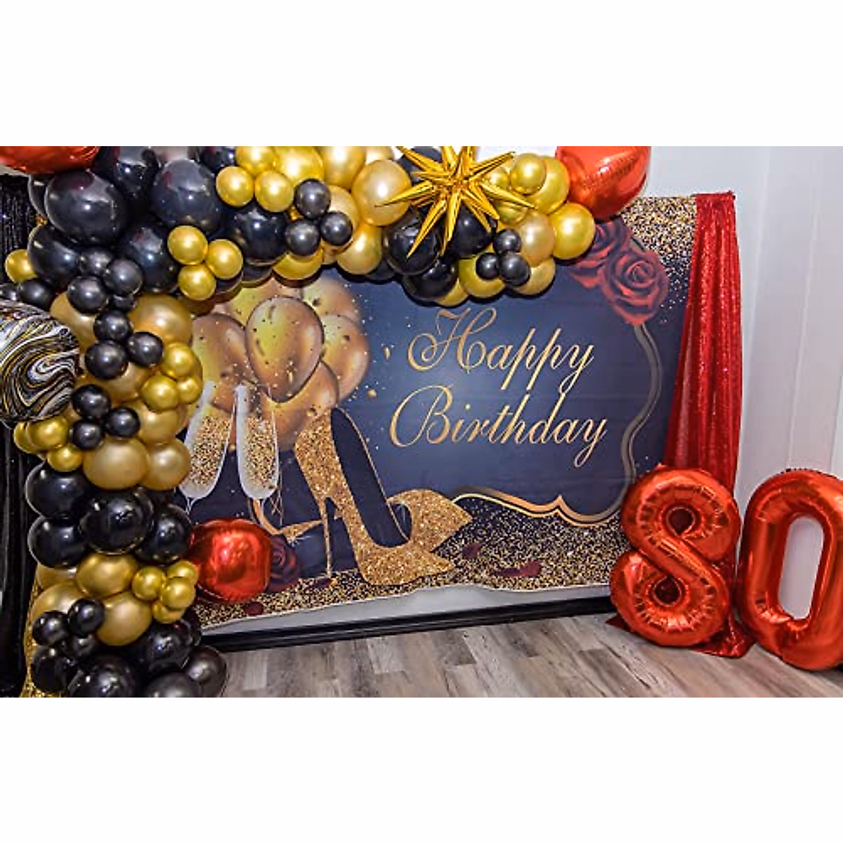 Mocsicka Black Gold Birthday Backdrop for Women 7x5ft High Heels Champagne Happy Birthday Banner Photo Studio Prop 20th 30th 40th 50th 60th Birthday Photo Backdrops