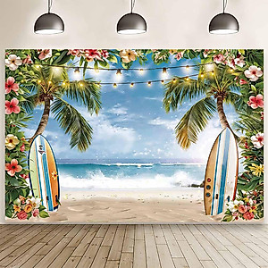 MEHOFOND 7x5ft Summer Hawaiian Beach Photography Background Tropical Luau Photo Backdrop Sky Ocean Palm Tree Surfboard Summer Holiday Sea Beach Party Supplies Aloha Birthday Photo Booth Props