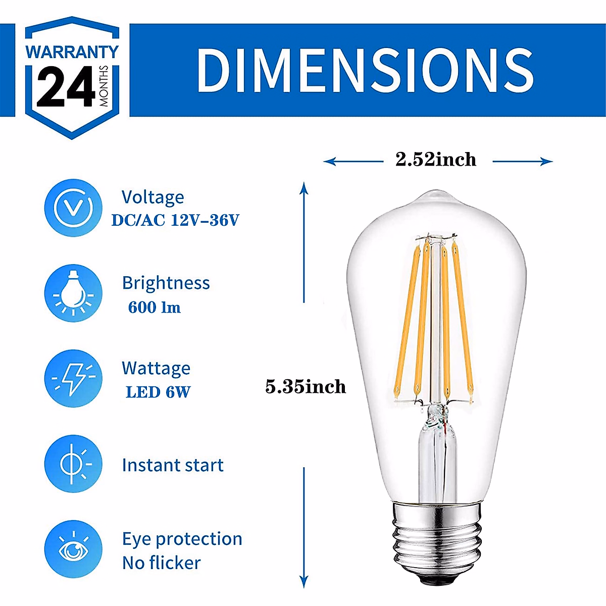 12V Edison Bulb 6W E26 12V LED Bulb 3000K 60W Equivalent, AC/DC 12V 24V Low Voltage LED Light Bulb for RV Camper Marine, Off Grid Cabin, 4 Pack