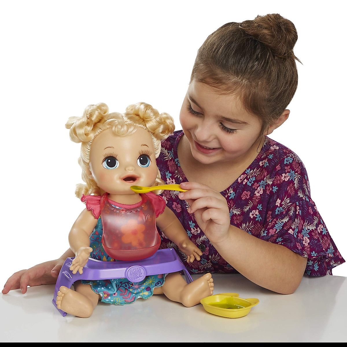 Baby Alive Happy Hungry Baby Blond Curly Hair Doll, Makes 50+ Sounds & Phrases, Eats & Poops, Drinks & Wets, for Kids Age 3 & Up, Brown/A (E4894)